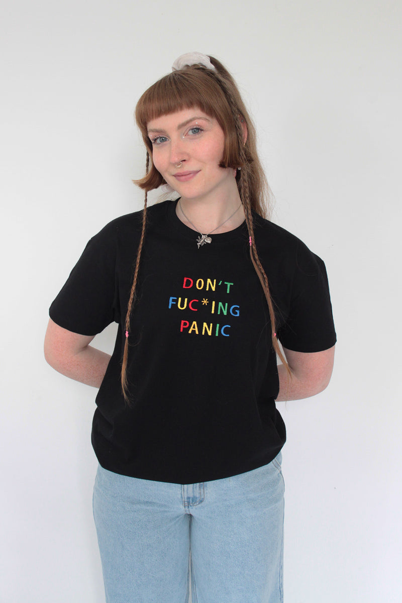 Don’t Fuc*ing Panic! – Embroidered Tee – Sara's Threads